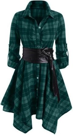 OLIPHEE Femmes Manches Longues Ceinturé Une Robe à Carreaux Chemise En Ligne Casual Tunique Robe(Vert,XXL)