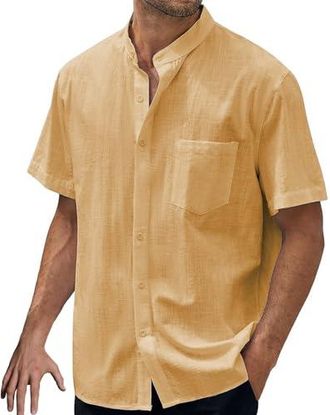Generic Chemise Grandad pour homme &agrave; manches courtes en coton et lin - Chemise d&eacute;t&eacute; d&eacute;contract&eacute;e &agrave; boutons - Couleur unie - Haut de plage l&eacute;ger - Coupe r&eacute;guli