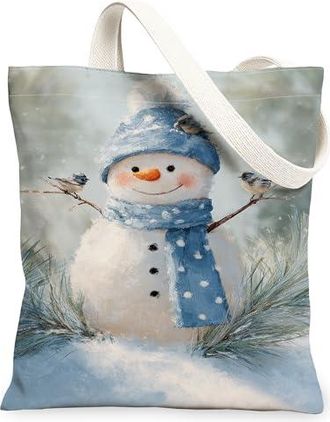 Generic Sacs fourre-tout en toile avec motif bonhomme de neige - R&eacute;utilisables - L&eacute;gers et lavables - Pour ext&eacute;rieur, voyage, plage, pique-nique - 33 x 38 cm