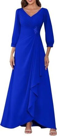 Generic Robe de mère de la mariée en mousseline de soie plissée à manches 3/4 pour femme, bleu marine, 46 Grande taille