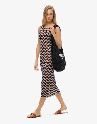Superdry Midi-Strickkleid in Marineblau mit goldenem Zickzackmuster