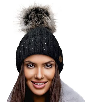 4sold Damen Wurm Winter Style Beanie Strickm&uuml;tze M&uuml;tze mit Fellbommel Bommelm&uuml;tze Hat Ski Snowboard Pelz Bommel Pompon Kreis Kleine Kristalle Crystals (Schw