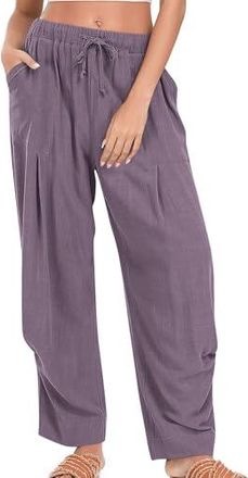 Generic Pantalon Leger Ete Femme L&eacute;ger Blanc Large en Lin Pantalon Long Ample D&eacute;contract&eacute; en Coton et Lin pour Femme Couleur Unie Jambes Larges avec Poches Am