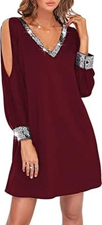 ORANDESIGNE Robe Femme Chic et Elegant Sexy Mousseline de Soie Épaules Dénudées Col V Manche Longue Casual Mini Robe de Plage Printemps Ete Trapèze Couleur Unie T