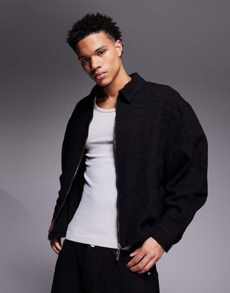 Liquor & Poker Blouson harrington densemble coupe carr&eacute;e en denim textur&eacute; - Noir-Bleu