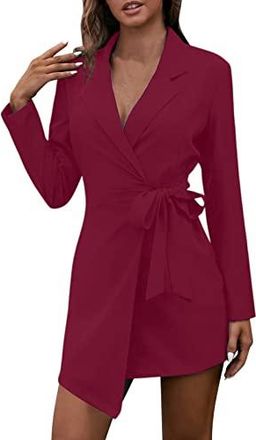 Generic Vestes pour femmes 2026 pour femmes, costume tendance, couleur unie, cravate &agrave; la taille, manches longues, veste de style robe, bordeaux, XXL