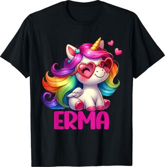 BDAZ Erma Personalisierter Name Buntes Einhorn Damen M&auml;dchen T-Shirt