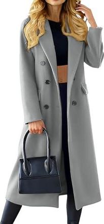 Generic Caban long pour femme, manteau long en laine pour femme, manteau crois&eacute; &agrave; revers crant&eacute;, v&ecirc;tement dext&eacute;rieur automne hiver, gris clair, taille M