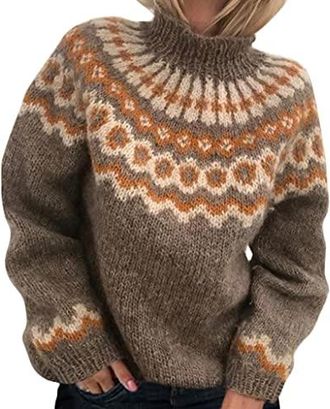 ORANDESIGNE Pulls Femme Pull à Col Roulé Pull en Maille Grossière Géométrie Haut en Tricot Pullover à Manches Longues Chaud Automne Hiver A Kaki, S