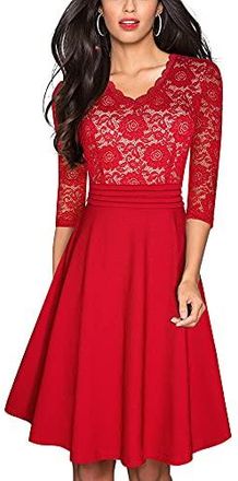 Homeyee Vintage Vintage à Manches 3/4 en Dentelle Florale brodée Cocktail Robes A062 (XXL, Rouge)