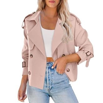Generic Trench court &agrave; double boutonnage pour femme - Manches longues - Revers crant&eacute; - Avec poches - V&ecirc;tements dext&eacute;rieur d&eacute;contract&eacute;s et tendance, rose, XXL