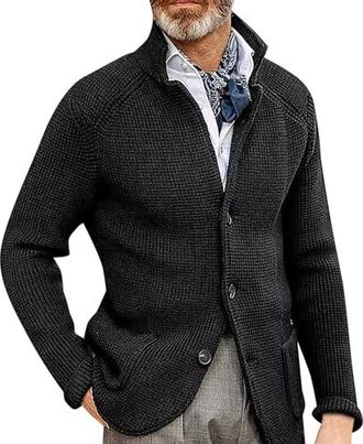 Generic Cardigan en maille gaufr&eacute;e pour homme - Couleur unie - Fermeture &agrave; bouton avec poches - Style blazer d&eacute;contract&eacute; - Pour lautomne et lhiver, Noir, M