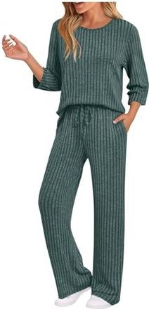 TOMWELL Pyjama Femme Couleur Unie Ensemble Shirt Manches 3/4 Surv&ecirc;tement D&eacute;contract&eacute; 2 Pi&egrave;ce Jogging Suit A Bleu Marine L