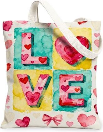 Generic Sacs fourre-tout en toile &agrave; coeurs color&eacute;s, sacs &agrave; provisions r&eacute;utilisables, vintage l&eacute;ger et lavable, bandouli&egrave;re C, multicolore, 13x15 Inch