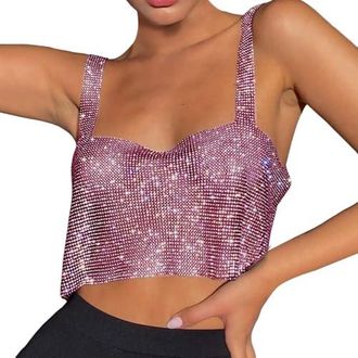 Generic D&eacute;bardeurs mignons &agrave; paillettes pour femme avec strass &eacute;tincelants et col carr&eacute;, chemises basiques sans manches &agrave; paillettes brillantes Y2K, d&eacute;bardeur