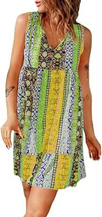 Generic Robes d&eacute;t&eacute; 2026 boh&egrave;me pour femmes, robe courte sans manches &agrave; volants et col en V, Vert, L