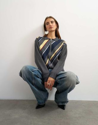 Topshop veste en maille asym&eacute;trique &agrave; rayures gris multicolore