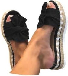 Generic Sandales compens&eacute;es pour femme - Espadrilles &agrave; bout ouvert - Sandales &agrave; talon compens&eacute; confortables - Chaussures &eacute;paisses &agrave; enfiler avec noeud &agrave; bout 