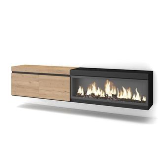 Skraut Home | TV-Schrank, Lowboard | f&uuml;r Wohnzimmer und Esszimmer | 210 | F&uuml;r TV-Ger&auml;te bis zu 80 | Elektrokamin XXL | H&auml;ngend | Moderner Stil | Eiche Schwarz