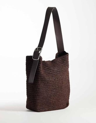 Mango Sac port&eacute; &eacute;paule rectangulaire en tissu avec boucle - Chocolat-Marron