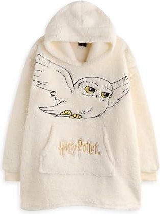 Harry Potter Couverture portable pour femme | Pull à capuche beige pour adultes avec broderie de personnage Hedwig Owl | Vêtements de détente doublés Sherpa taille