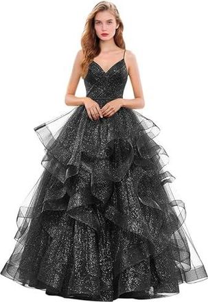 Generic Robe de bal en tulle pailleté avec col en V et bretelles spaghetti, robe de demoiselle dhonneur, robe de soirée formelle longue à étages, Noir, 48 Gra