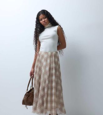 Vero Moda Petite Midirock mit hohem Bund und asymmetrischem Saum in neutral kariert