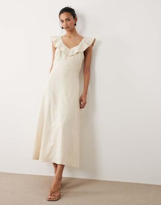 Mango Robe mi-longue en lin m&eacute;lang&eacute; &agrave; volants - Cr&egrave;me-Neutral