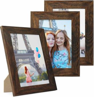 Photolini Bilderrahmen 10x15 cm MDF-Holz Eiche Dunkel, breite Rahmen, 3er Set, modern, bruchsicheres Acrylglas, zum Aufhängen & Aufstellen, extra Zubehör - für 