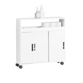 SoBuy Meuble WC Salle de Bain avec roulettes Petit Meuble de Rangement, avec 2 Portes Coulissantes et Étagère Ouverte, Meuble Toilettes pour Espace Réduit B