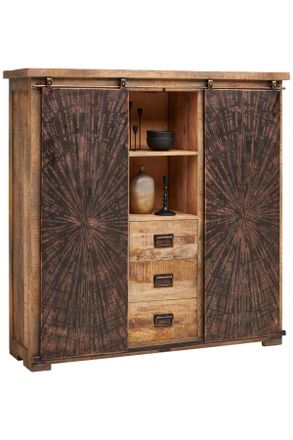 Landscape Highboard, Natur, Schwarz, Kupfer, Metall, Mangoholz, massiv, 12 F&auml;cher, 3 Schubladen, 145x145x40 cm, Typenauswahl, Beim&ouml;bel erh&auml;ltlich, Holzm&ouml;bel