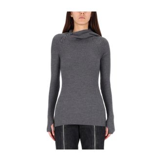 Jean Paul Gaultier Femme, Pulls, Gris, Taille: 38 FR Asymmetric Ribbed Knit Sweat &agrave; capuche