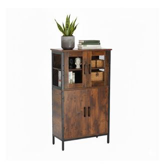 Relaxdays Küchenschrank Industrial, Hochschrank mit Glastüren HBT 108x60x30 cm, Vitrinenschrank schmal, Holzoptik, braun