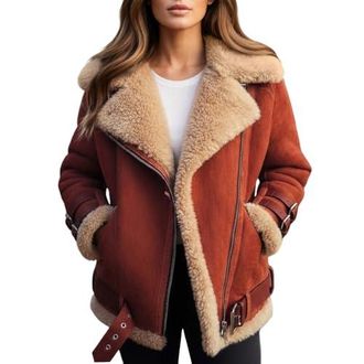 Minetom Blouson Aviateur Femme Hiver Veste En Polaire Chaude Manteau en Fausse Fourrure Blouson pour Motard A Rouge XXL