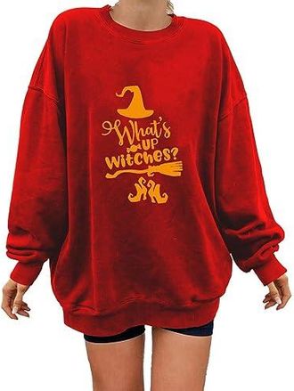 Generic Sweat-shirt en polaire pour femme - Manteau moelleux 2025 pour Halloween, automne et hiver - Couleur unie - Lettre de sorcière imprimée - Col rond - M