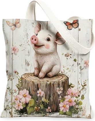 Generic Spring Pig Sac fourre-tout en toile pour le shopping 33 x 38,1 cm, sac d&eacute;picerie r&eacute;utilisable pour femme, motif animal de voyage, d&eacute;coration cadeau
