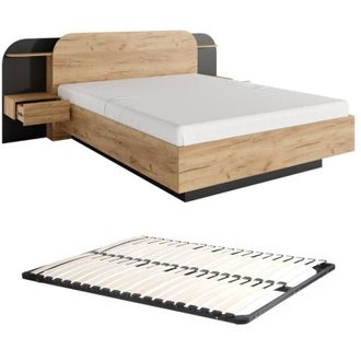 Vente-Unique Vente-unique - Lit avec chevets 160 x 200 cm - Avec LEDs - Coloris : Naturel et noir + Sommier - juvisia
