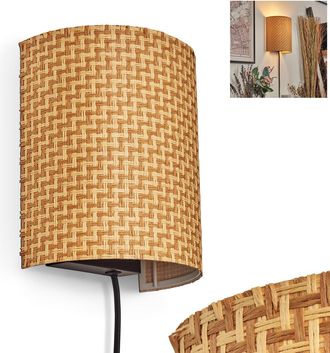HOFSTEIN Wandleuchte Viadores, Wandlampe aus Metall/Bast in Schwarz/Natur, Leuchte im Boho-Design, Wandleuchte mit Stecker und Schalter, abnehmbares Kabel, UP 
