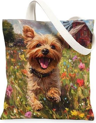 Generic Sac fourre-tout en toile motif chien yorkshire printanier 33 x 38,1 cm, sac d&eacute;picerie r&eacute;utilisable pour femme, motif floral amusant pour animaux domes