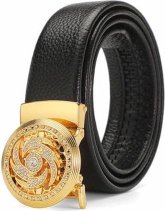 Generic Ceinture &agrave; cliquet en cuir pour hommes, ceinture r&eacute;glable avec boucle en m&eacute;tal pour hommes (Or - vent, 110 CM)