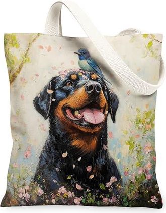 Generic Spring Rottweilers Sac fourre-tout en toile r&eacute;utilisable pour faire du shopping 33 x 38,1 cm, joli sac &agrave; bandouli&egrave;re r&eacute;utilisable pour femme, peinture