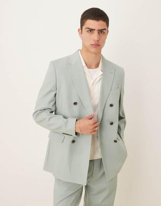 Asos Veste de costume coupe classique à double boutonnage en lin mélangé - Vert