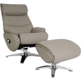 Hhg [NEUWERTIG] Relaxsessel mit Hocker HHG-334, Fernsehsessel Sessel, Liegefunktion drehbar, Metall Echtleder/Kunstleder grau