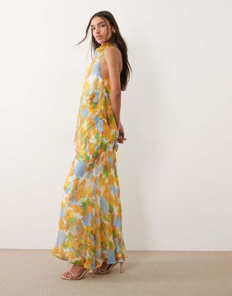 Asos Zweilagiges Maxikleid aus Chiffon mit floralem Print und hohem Ausschnitt-Mehrfarbig