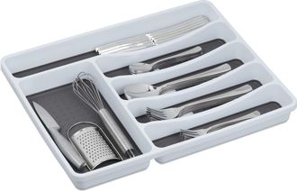 Relaxdays 2 x Besteckkasten f&uuml;r Schubladen, Besteckeinsatz f&uuml;r Kochbesteck, Schubladeneinsatz, HxBxT: 4,5 x 33 x 40 cm, wei&szlig;/grau