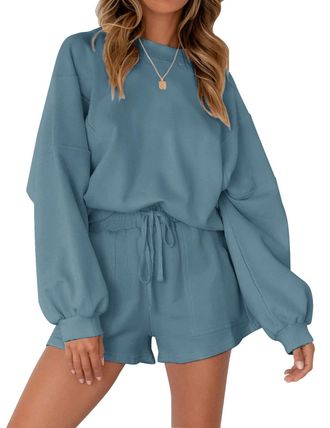 Merokeety Damen-Loungeset für den Herbst mit übergroßen Fledermausärmeln, lässiges Oberteil und Shorts, 2-teiliges Outfit, Sweatsuit, Blau, L