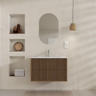 Aurlane Aurlane - meuble salle de bains yuki 60 2 tiroirs décor chêne et noir - vasque blanche - miroir ovale 50x80