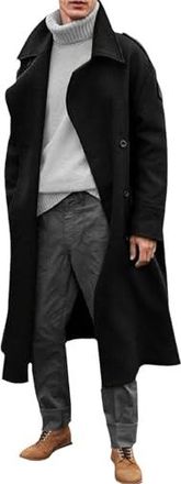 Generic Trench long &agrave; crant&eacute; pour homme en fausse laine m&eacute;lang&eacute;e, longueur genou, revers simple boutonnage, veste longue dhiver, Noir, XXL