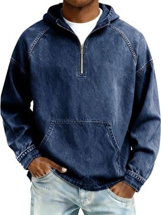 Generic Pull Homme Vintage Zip Quarter Effet D&eacute;lav&eacute; - Haut Oversized Couleurs Lav&eacute;es Col Montant D&eacute;contract&eacute; Casual, Automne Hiver Tendance(Dark Blue, XXXXL)