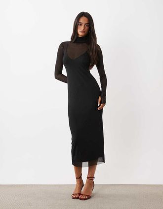 AFRM Shailene Mesh-Rollkragen-Cami-Futter Bodycon-Midikleid in Schwarz